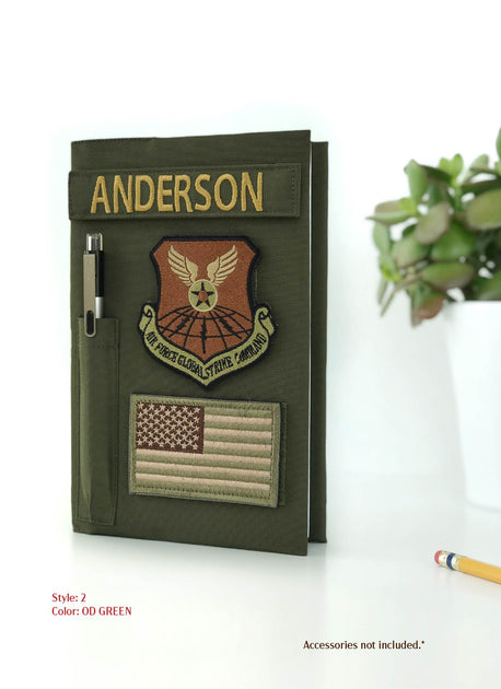 Military book cover for green journal with loop tape for patches | Mil ...