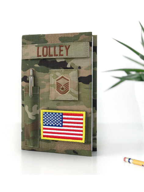 Military book cover for green journal with loop tape for patches | Mil ...